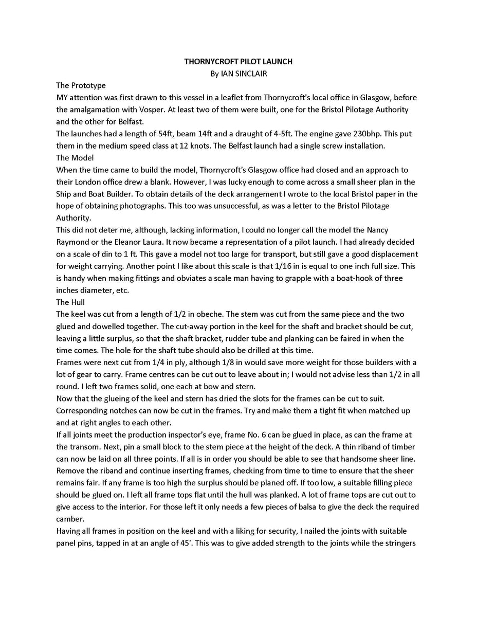 Full Size Printed Plan Scale 1:16 THORNYCROFT PILOT LAUNCH Suitable fo ...