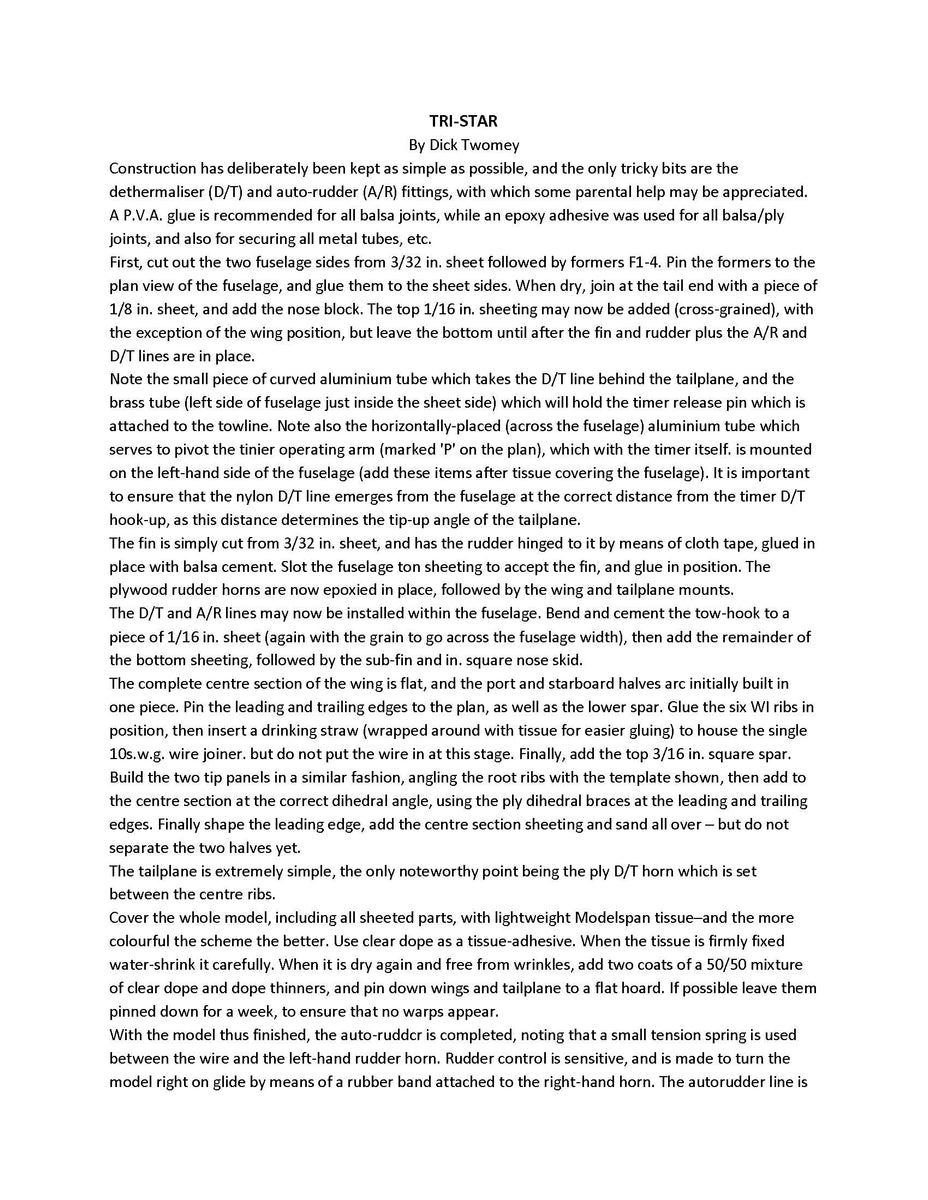 Full Size Printed Plan Beginner’s Sailplane W/S 46” A/1 Class Glider ...