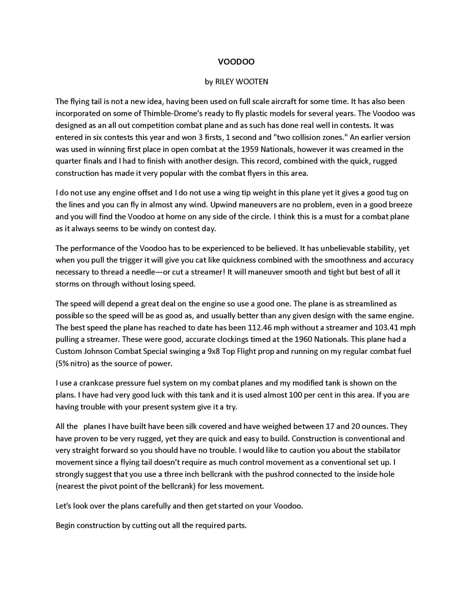 Full size printed plan and Article Combat plane *VOODOO* Wingspan 36 ...