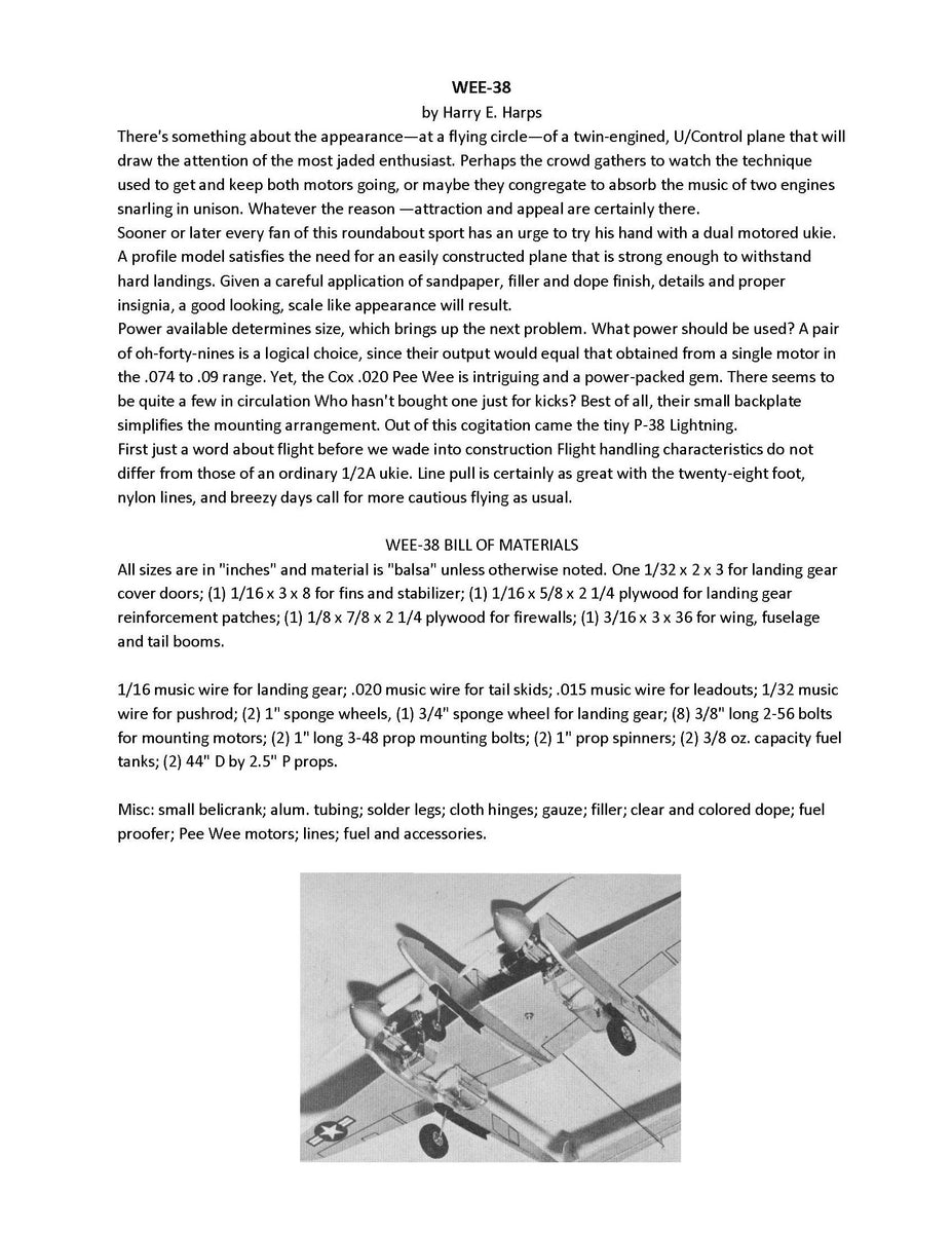 Full Size Printed Plan Control line Profile Wingspan 17” Twin .049 WEE ...