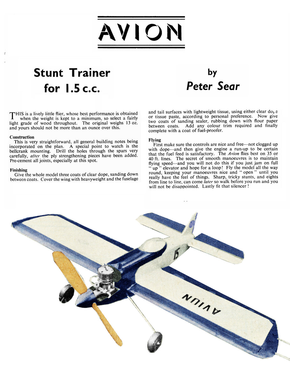 Full size printed plan vintage 1963 CONTROL LINE Stunt Trainer “AVION ...
