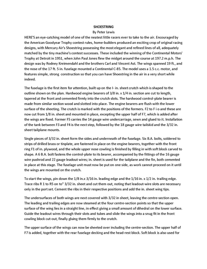 Full size Printed Plans Scale 1/10 Control Line American Midget Racer ...