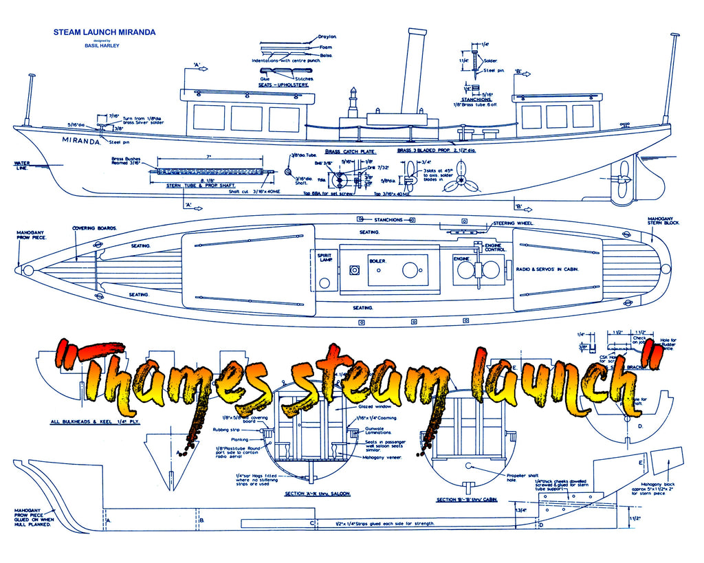 Full size printed plan to Build a thames steam launch 1:12 Scale 42" f ...